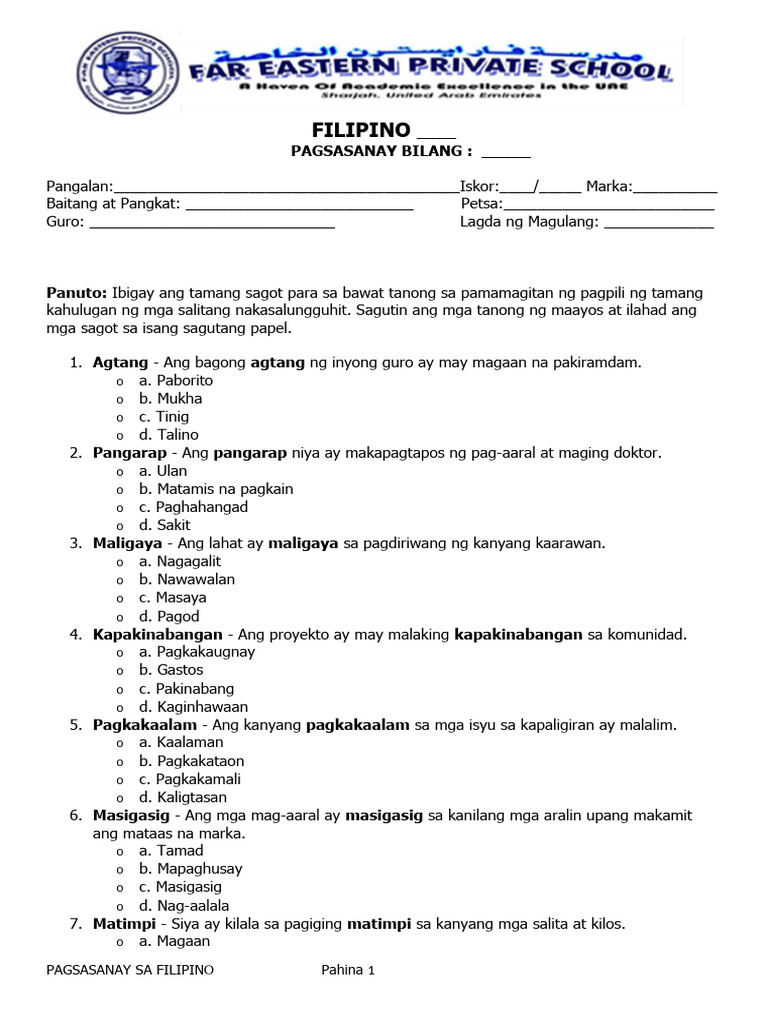 Pagsasanay 1 Filipino | PDF