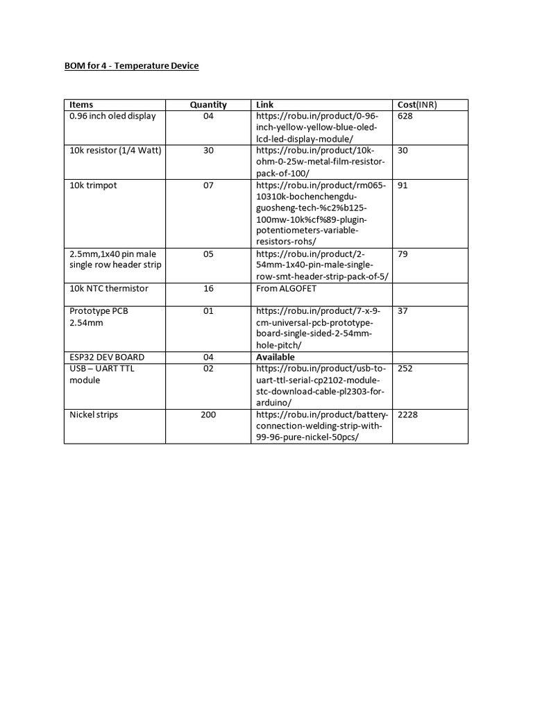 BOM For 4 Temperature Device | PDF