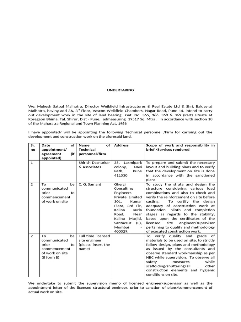 Undertaking Arch, RCC & Supervisor (200 Stamp Paper + Notary) | PDF
