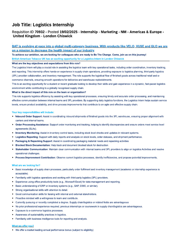 Logistics Internship | PDF