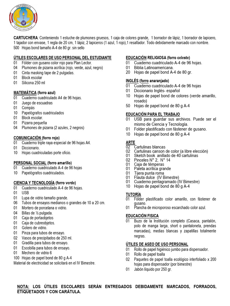 1° 5TO. GRADO PRIM. LISTA DE ÚTILES ESCOLARES 2025 | PDF | Color