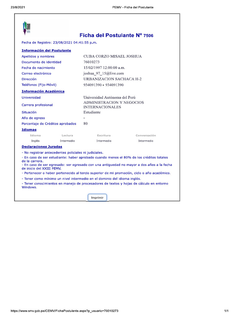 Ficha Inscripcion SVM | PDF