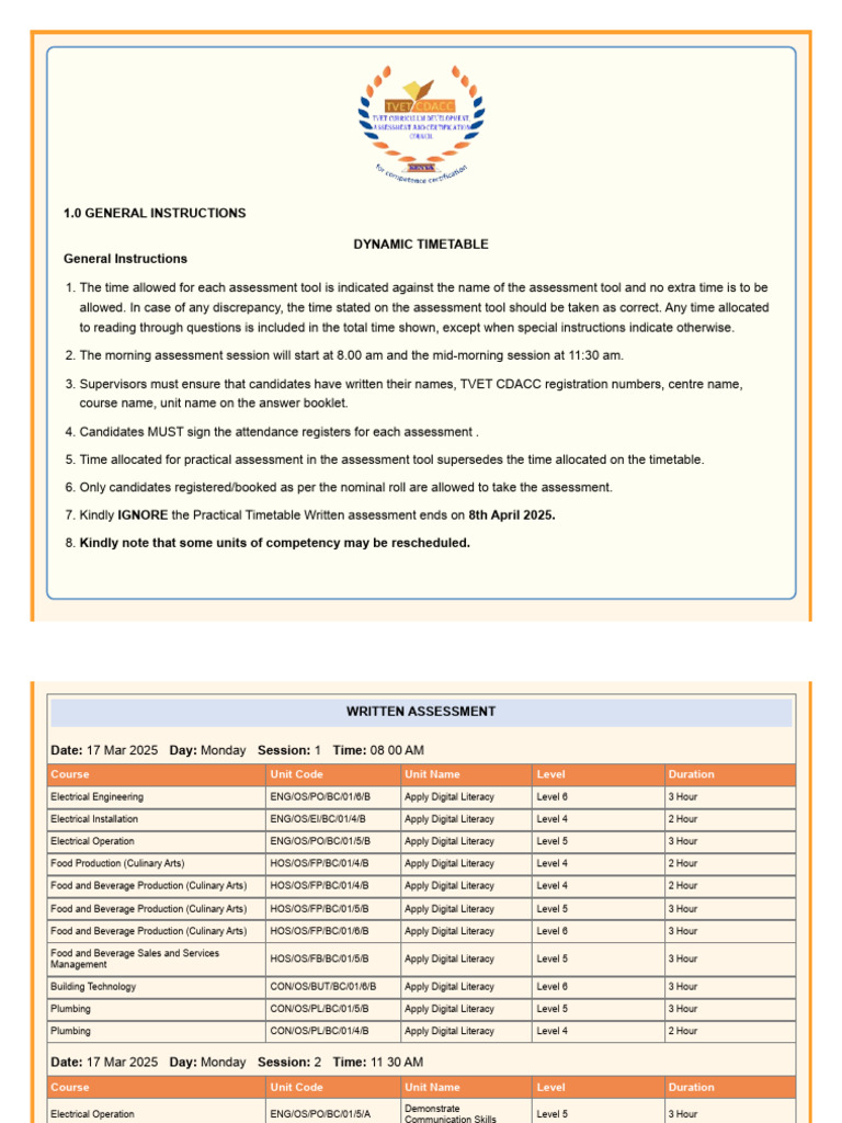 Portal - Tvetcdacc. Timetable | PDF
