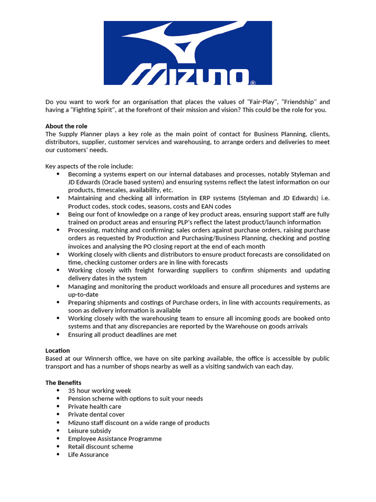 Supply Planner Job at Mizuno Corporation | PDF | Business
