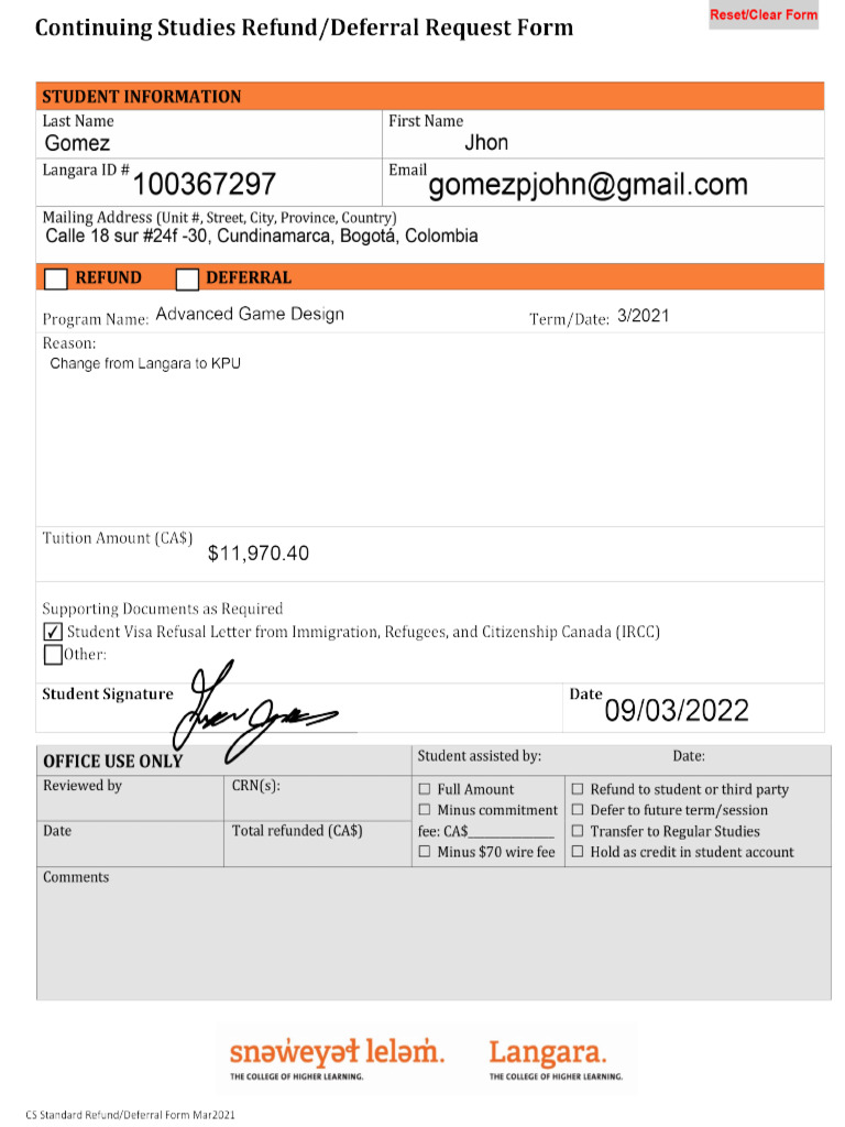 Continuing Studies Refund-Deferral Form Mar2021 | PDF