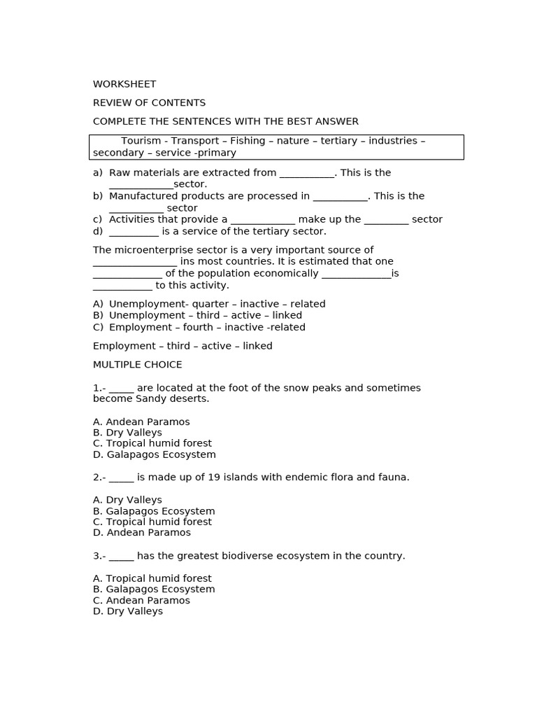 Economy Sector Worksheet Activity2 | PDF | Andes | Tropics
