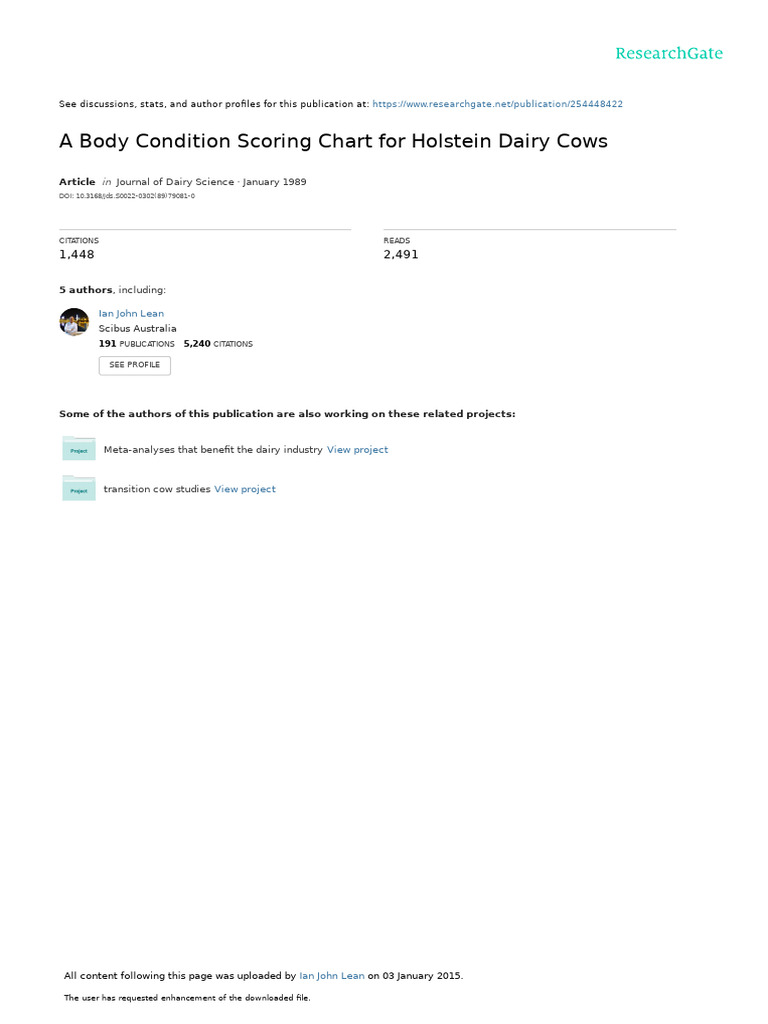 Edmonson Et Al. 1989. A Body Condition Scoring Chart For Holstein Dairy ...