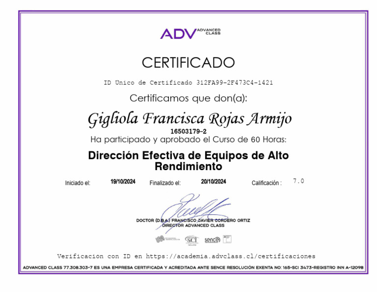Gigliola Francisca Rojas Armijo: Certificado | PDF