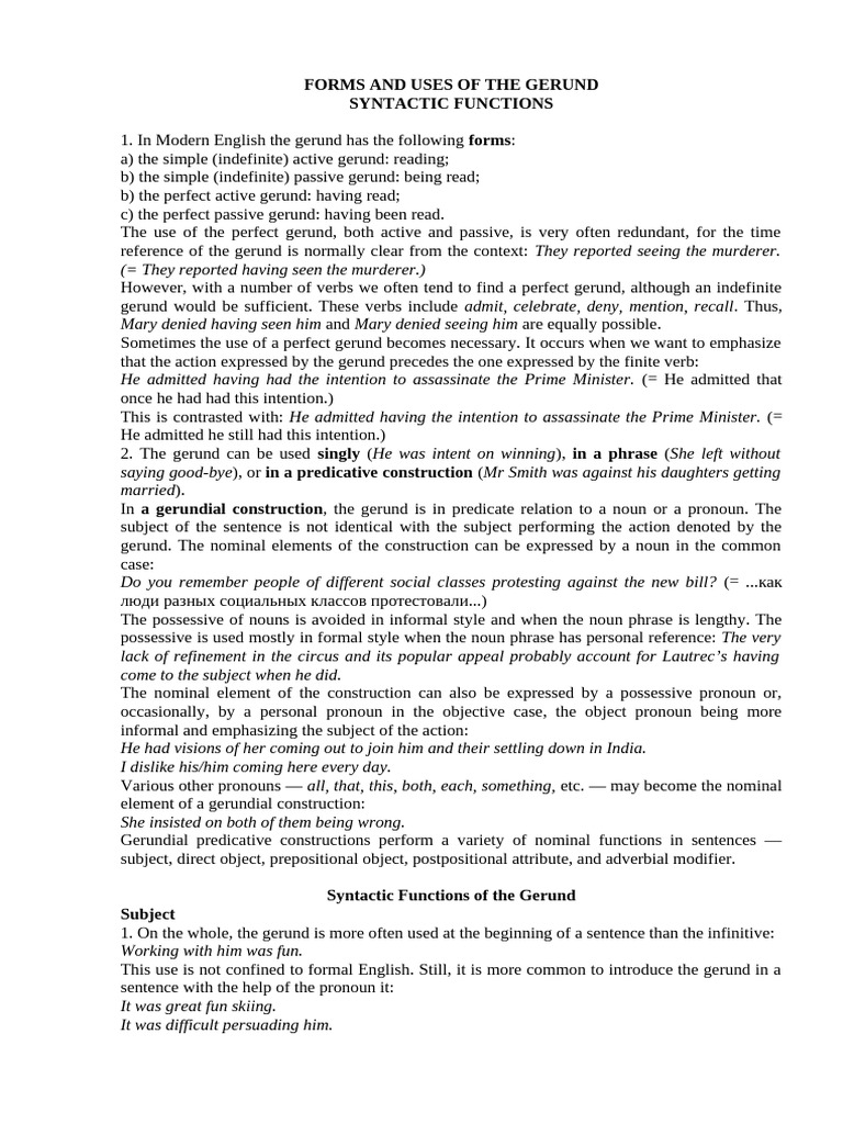 Understanding Gerund Forms and Functions | PDF | Subject (Grammar ...