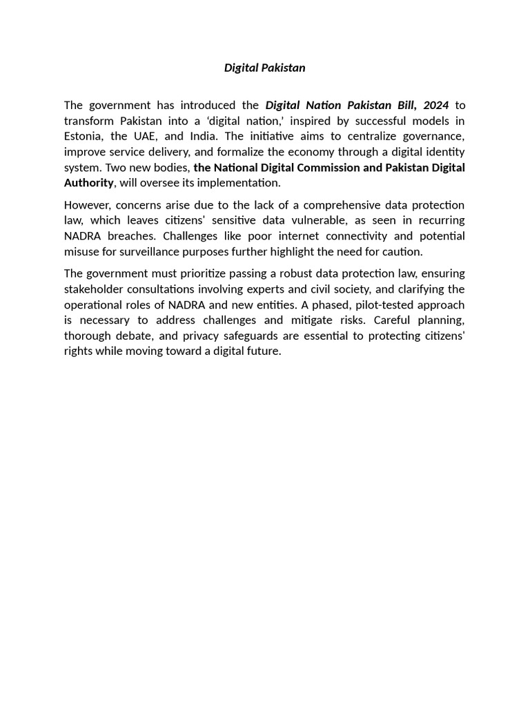 Digital Nation Pakistan Bill 2024 Overview | PDF