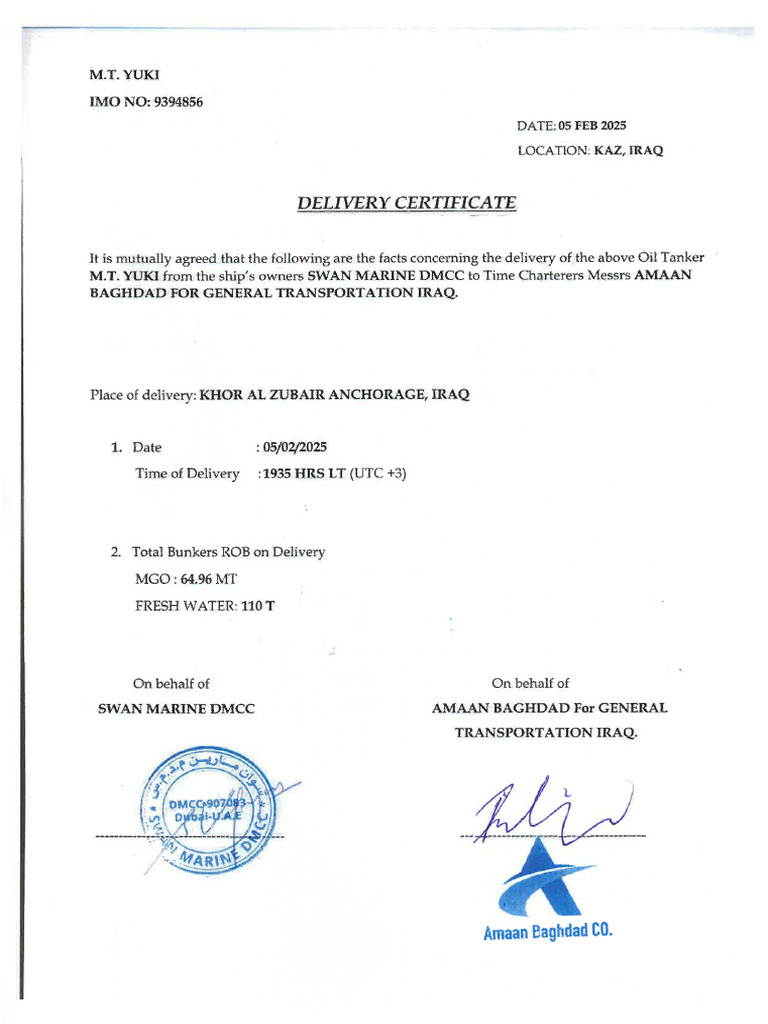 SV Yuki Delivery Certificate | PDF