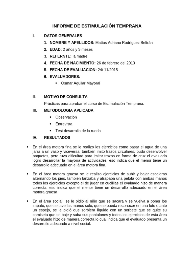informe de estimulación temprana | PDF