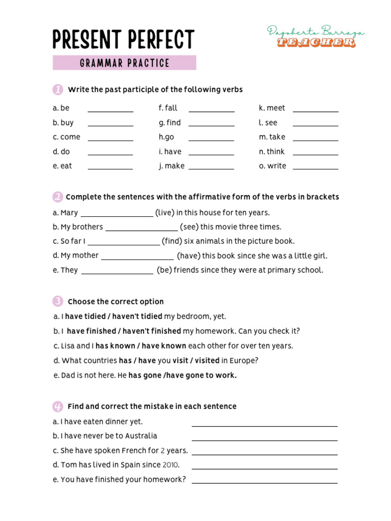 White Pastel Purple and Grayscale Present Perfect Grammar Practice Worksheet (1) | PDF | Grammar ...
