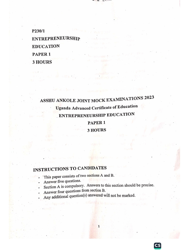Asshu Ankole Joint Mock Ent 1 | PDF