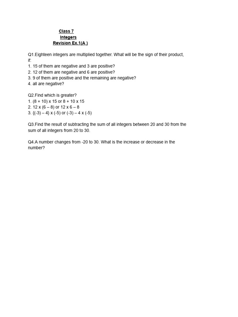 Grade 7 Integers Worksheet | PDF