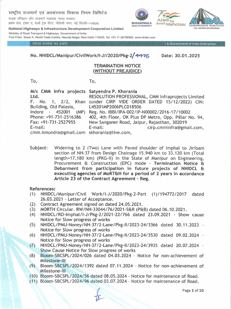 Letter No.4475 Dated 30.01.2025 Termination Notice | PDF