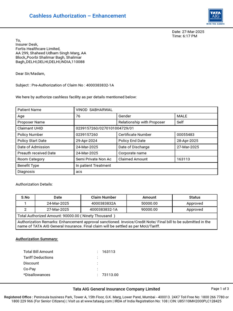 Cashless Authorization for Claim 4000383832 | PDF | Insurance