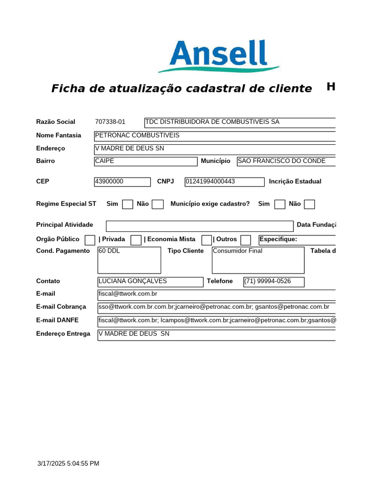 Ficha de Atualização Cadastral - Hercules | PDF