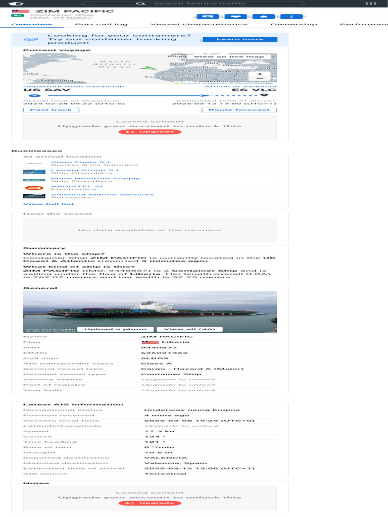 Vessel Characteristics Ship ZIM PACIFIC (Container Ship) Registered in Liberia - Vessel Details ...