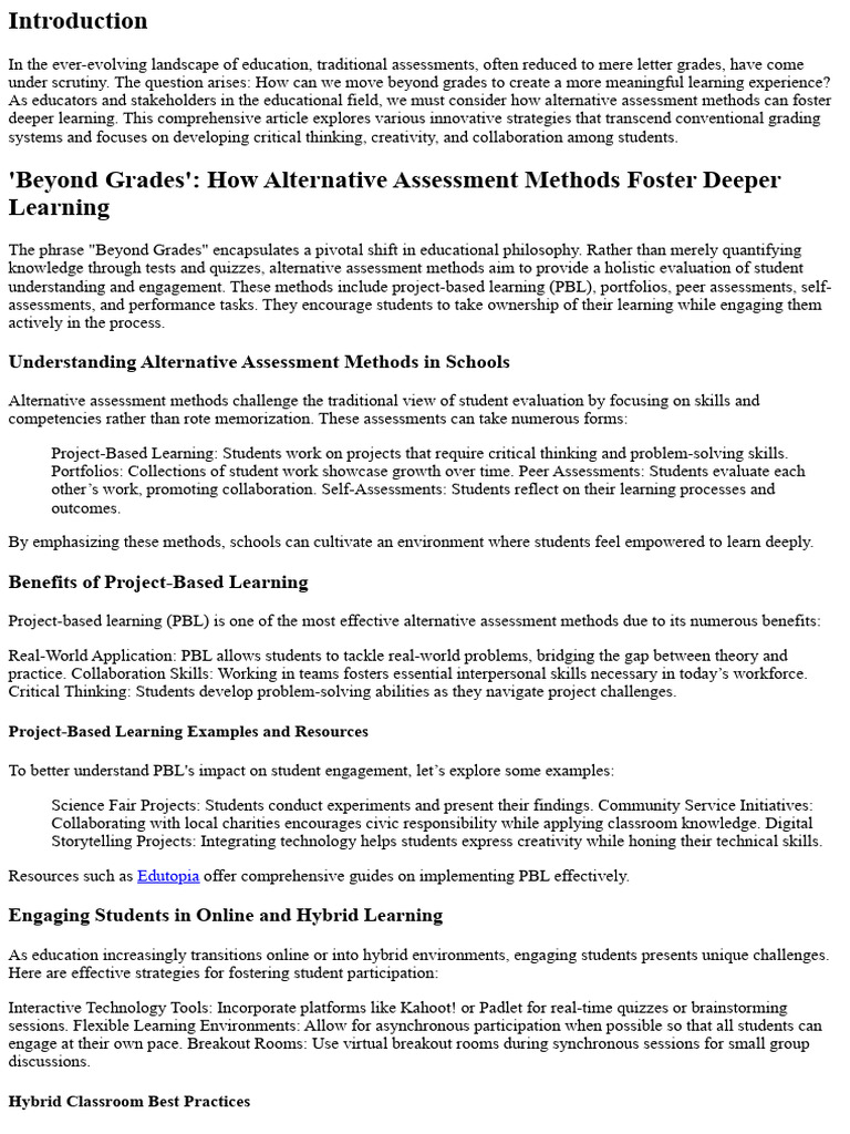 Beyond Grades': How Alternative Assessment Methods Foster Deeper ...