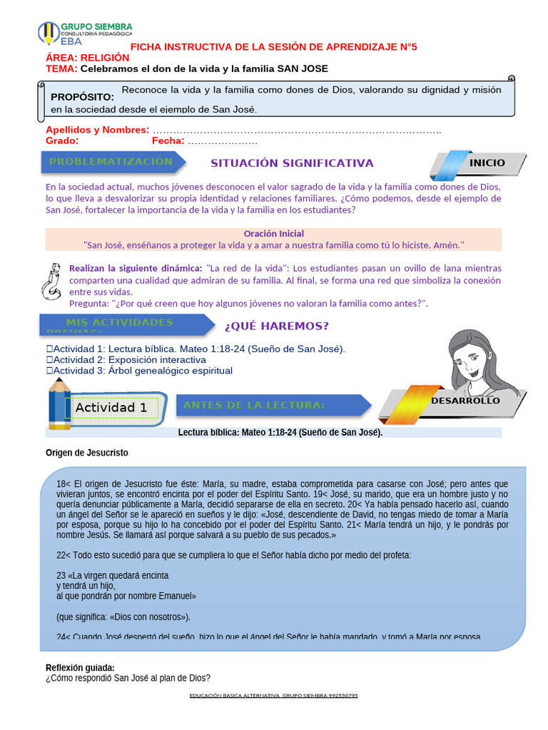UD-I S5 FICHA REL INT - Celebramos el don de la vida y la familia SAN JOSE | PDF | Creencia ...