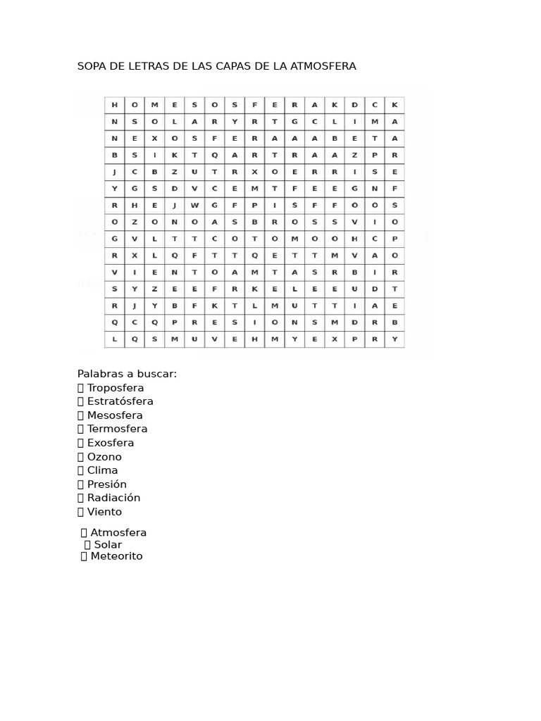 Sopa de Letras: Capas de la Atmósfera | PDF