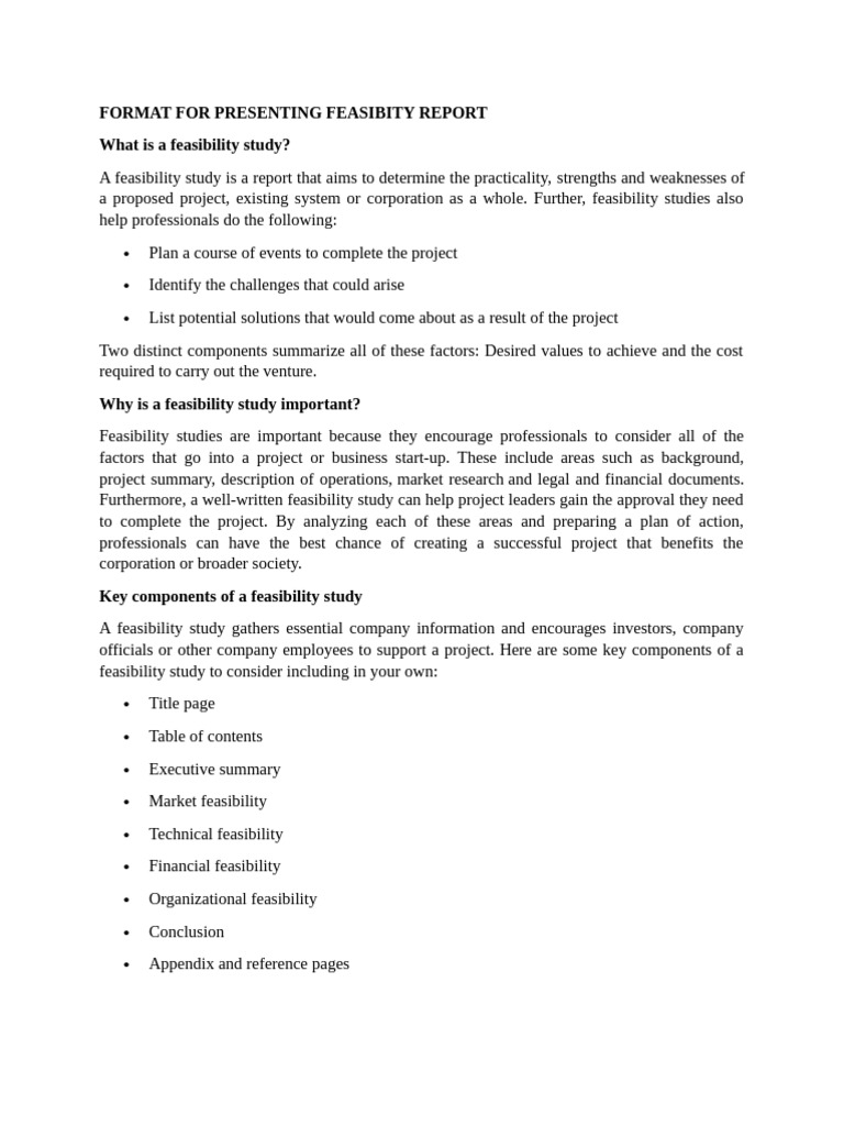 Format For Presenting Feasibility Study Report and Tools and Techniques ...