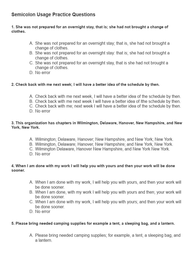 Semicolon Usage Practice Questions | PDF | The Three Musketeers ...