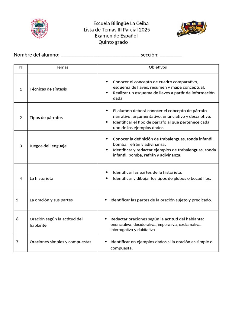 Temas Examen Español Quinto Grado | PDF