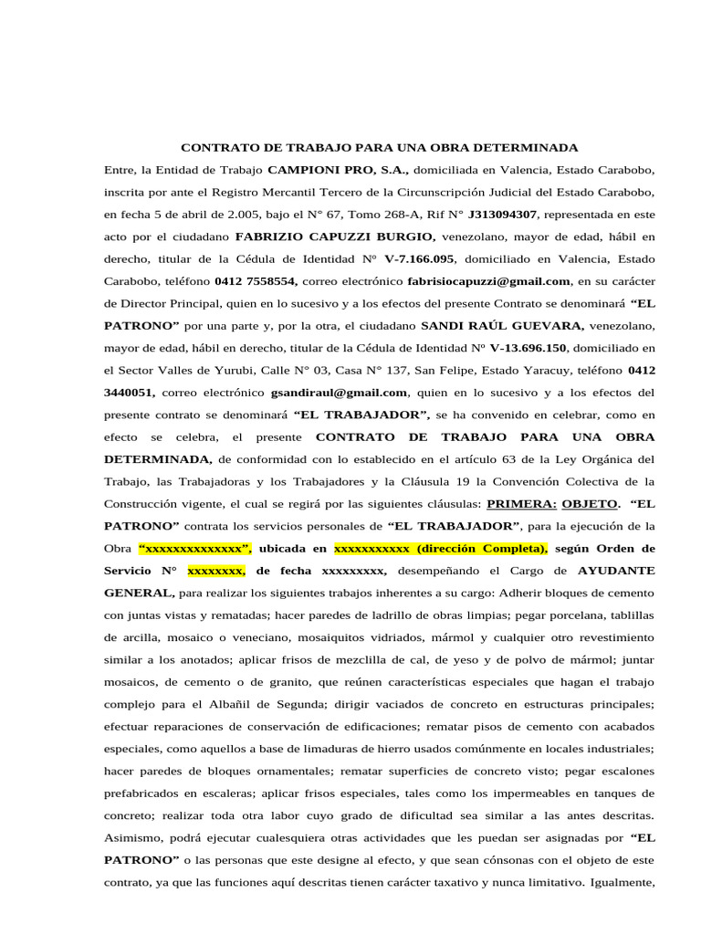 Contrato para Obra Determinada Campioni | PDF | Salario | Albañilería