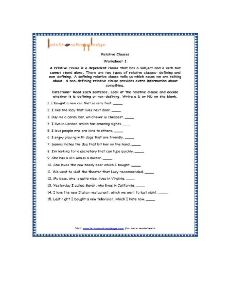 Relative Clause Exercise | PDF