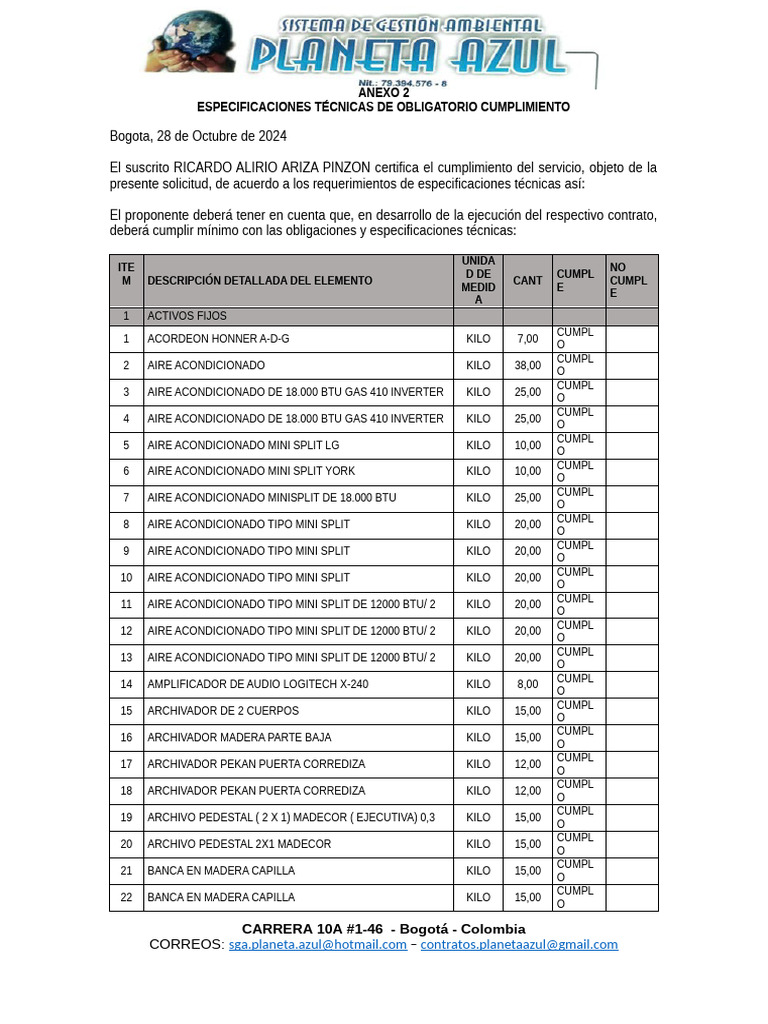 Anexo 2. Especificaciones Tecnicas de Obligatorio Cumplimiento | PDF