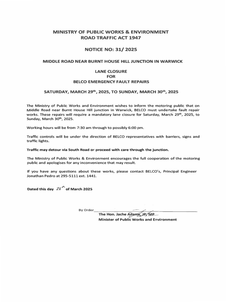 RTN #31.2025 Emergency Belco Fault Repair Works March 29-30 | PDF