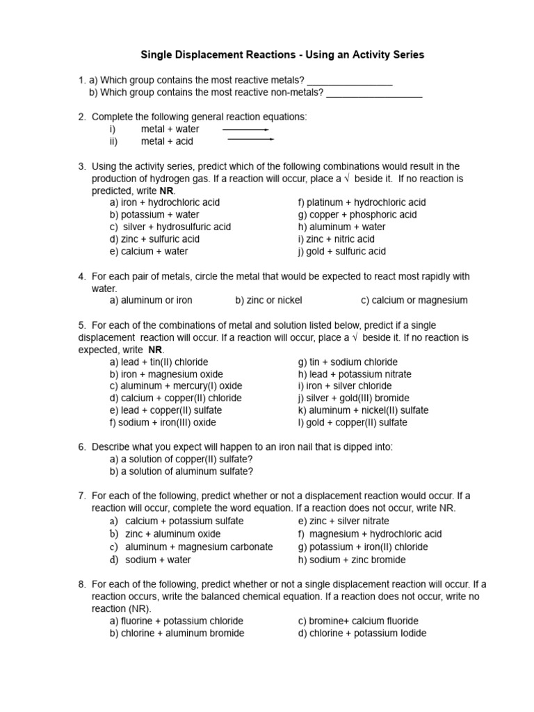 3a. Single Displacement Reactions | PDF | Chemical Reactions | Metals