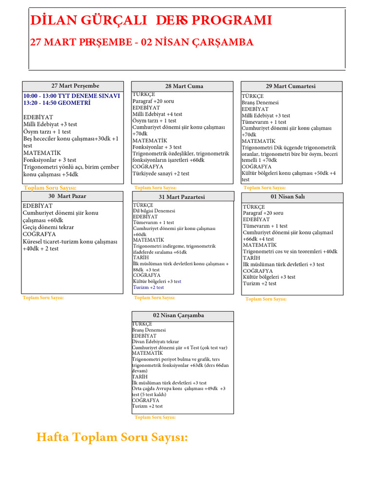 27 Mart - 02 Ni̇san Ders Programi | PDF