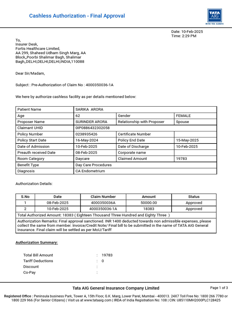 Pre Auth Final Approval-43 | PDF | Insurance