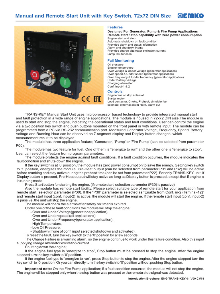 Manual and Remote Start Unit TRANS-KEY-EMKO | PDF | Electric Generator ...
