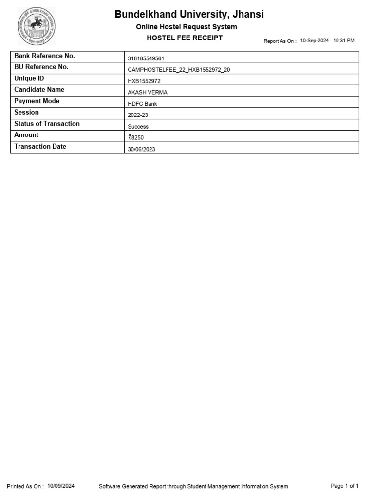Hostel Fee Receipt 4 | PDF