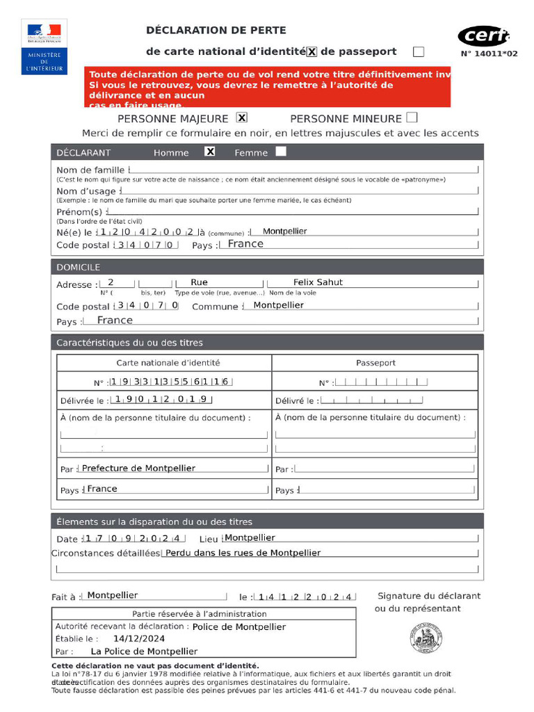 Attestation Perte Cni Fauvel | PDF