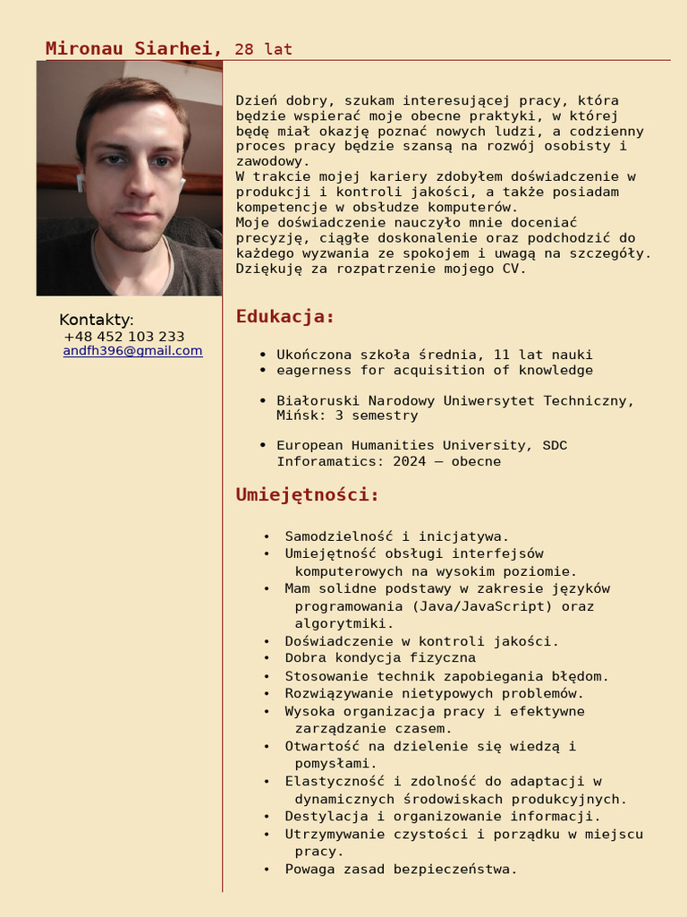 Mironau Siarhei,: Kontakty | PDF