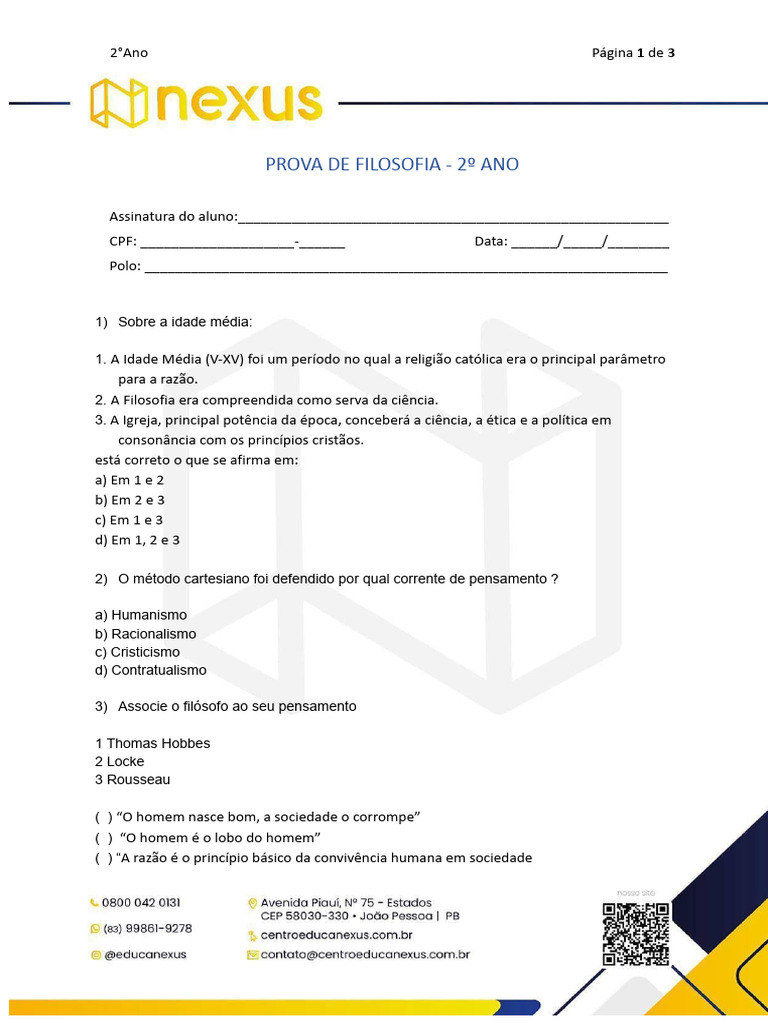 Prova de Filosofia - 2°ANO - EJA | PDF | Immanuel Kant | Contrato social