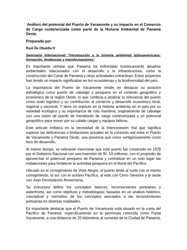 Análisis Del Potencial Del Puerto de Vacamonte y Su Impacto en El Comercio de Carga ...