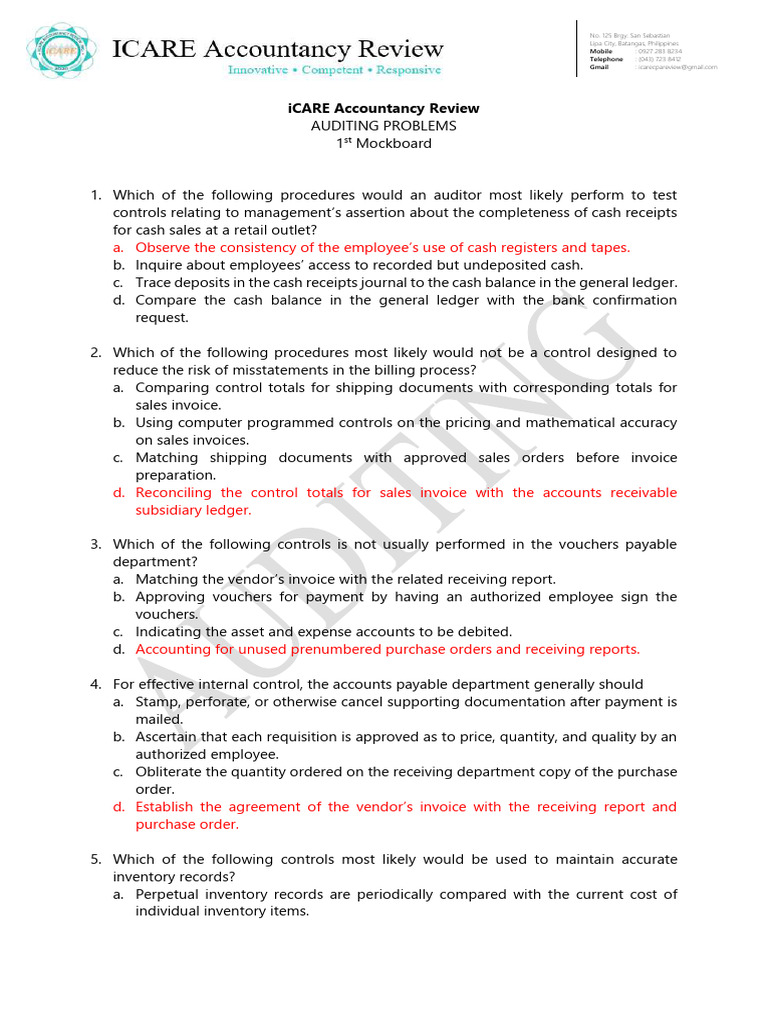 First Pre Board Examination Auditing Batch 2 | PDF | Audit | Internal Control