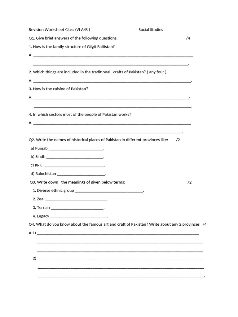 Revision Worksheet Class VI | PDF