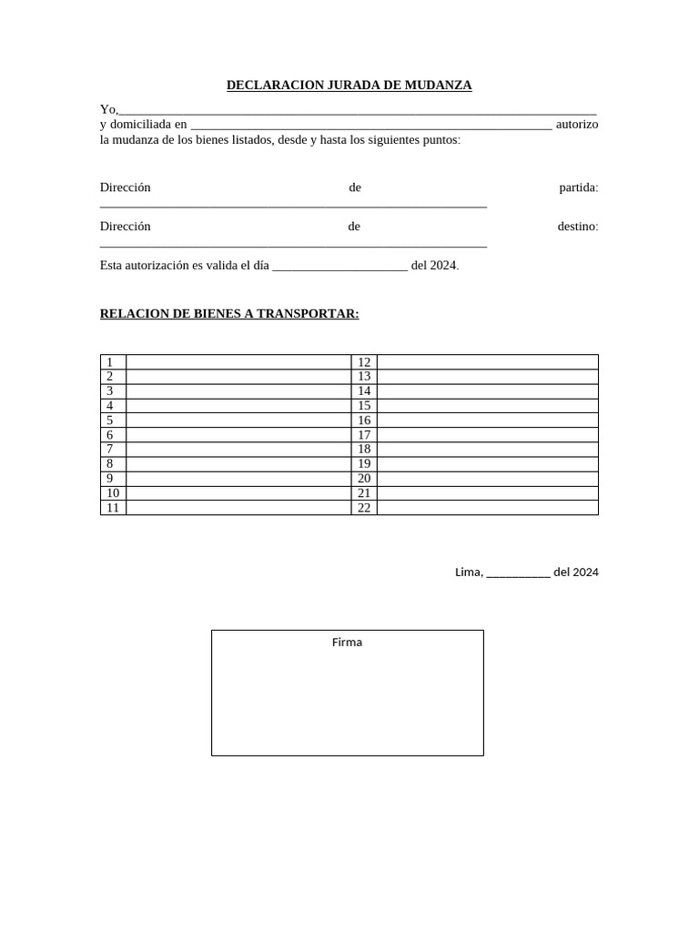 Declaracion Jurada de Mudanza | PDF