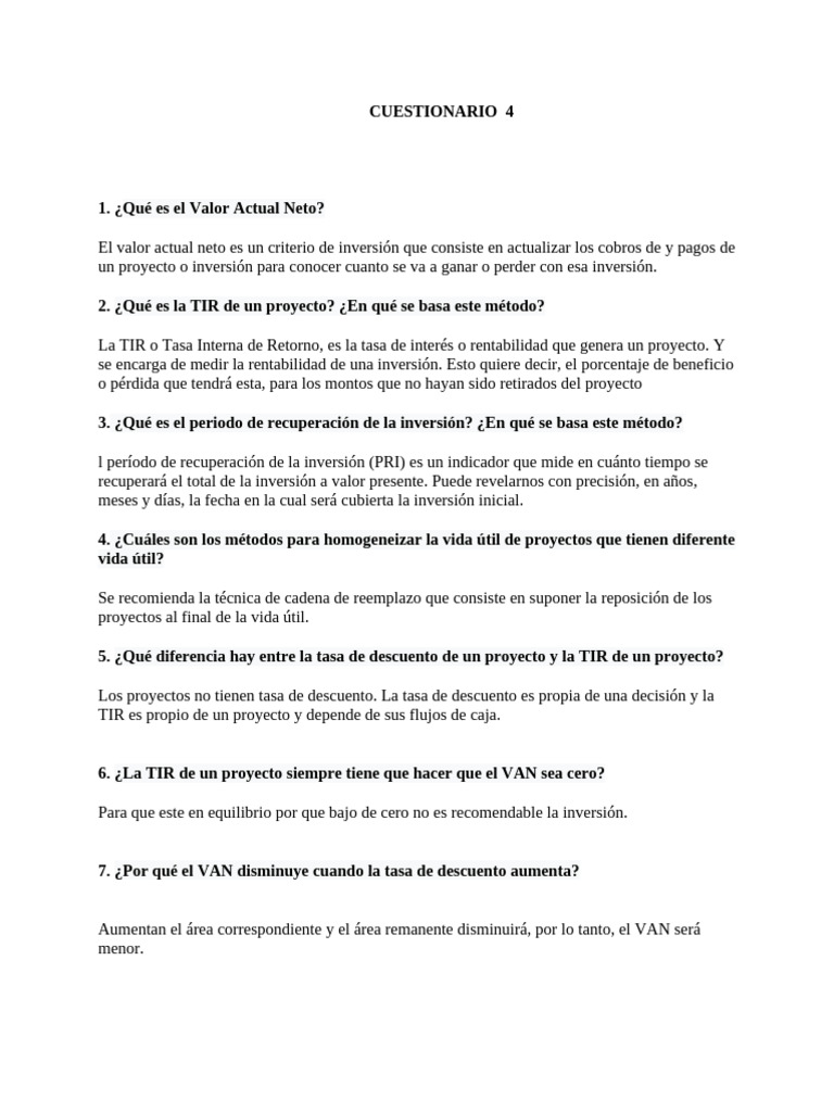 cuest 4 finanzas | PDF | Tasa interna de retorno | Inversiones
