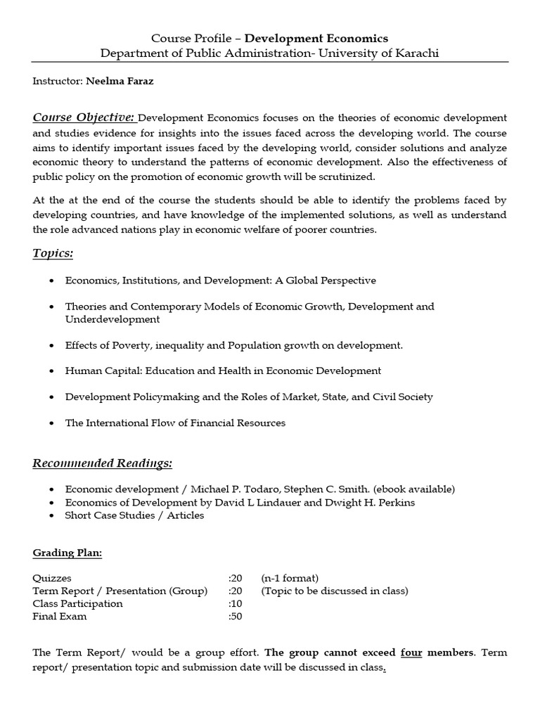 Development Economics - Course Outline March 2024 | PDF