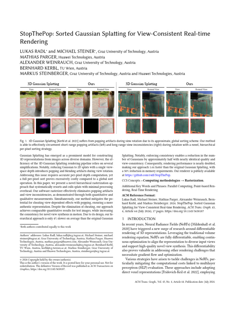 Stopthepop: Sorted Gaussian Splatting For View-Consistent Real-Time Rendering | PDF | Rendering ...