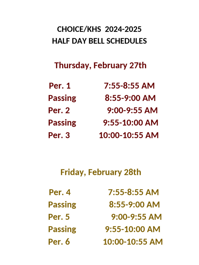2024-2025 Half Day PD Bell Schedule | PDF