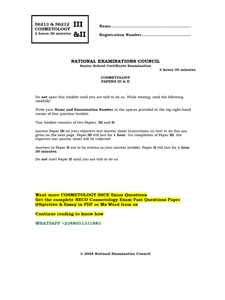 SSCE NECO Cosmetology Past Questions and Answer PDF Download | PDF ...